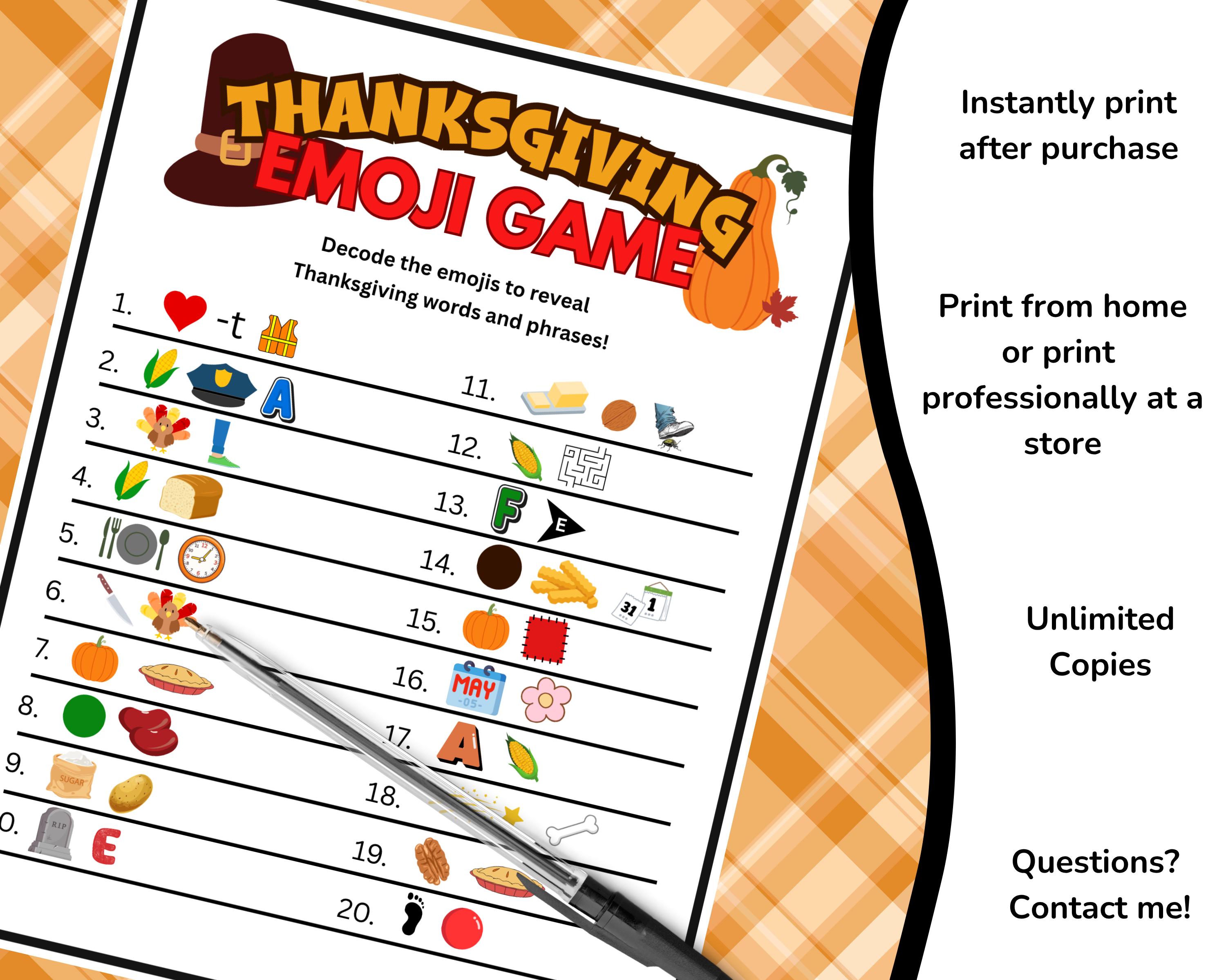 Thanksgiving Emoji Game for Kids & Adults Instant Download, Printable ...