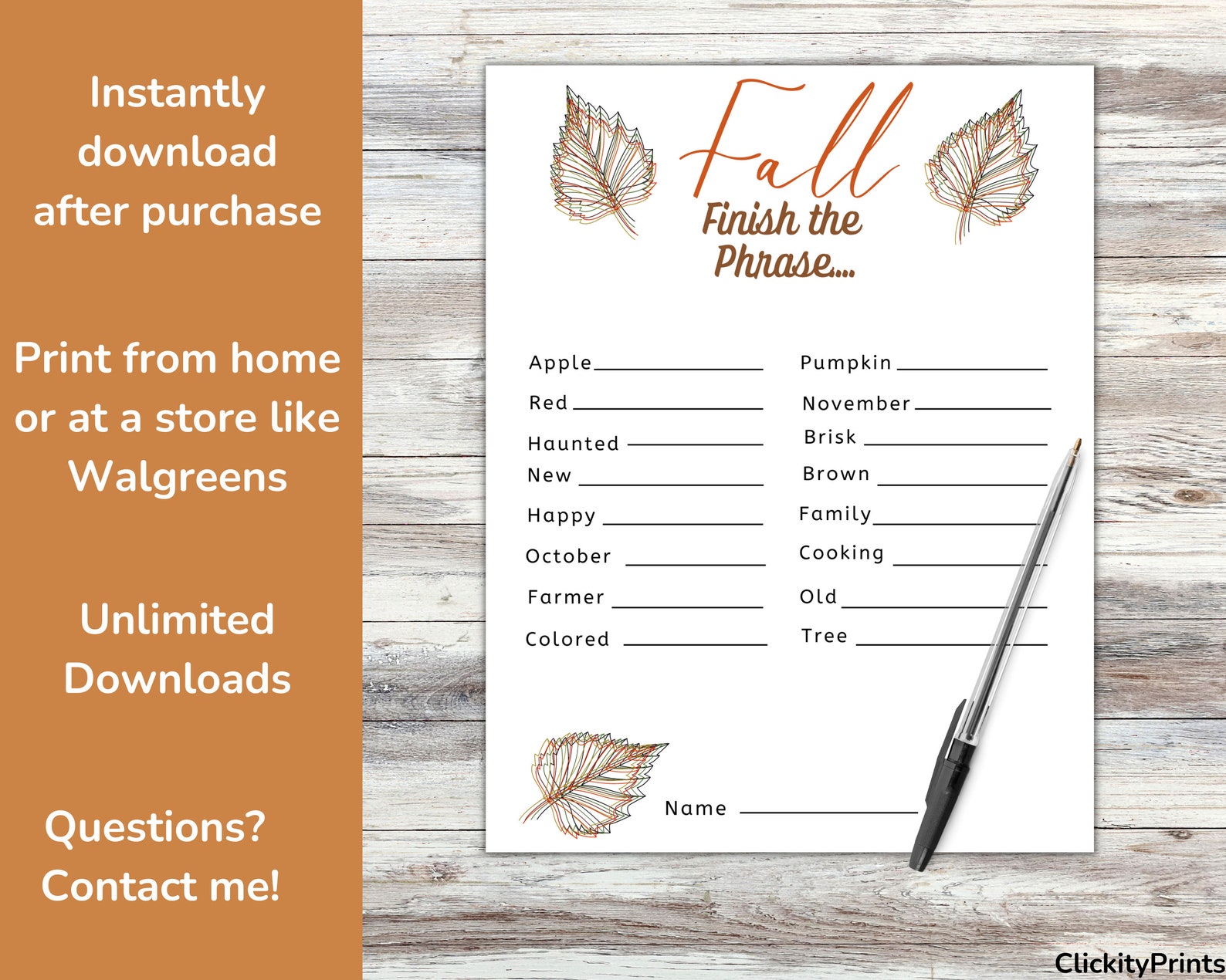 Fall Finish the Phrase-autumn Finish the Phrase-fall Family Game-autumn ...