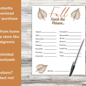 Fall Finish the Phrase-autumn Finish the Phrase-fall Family Game-autumn ...