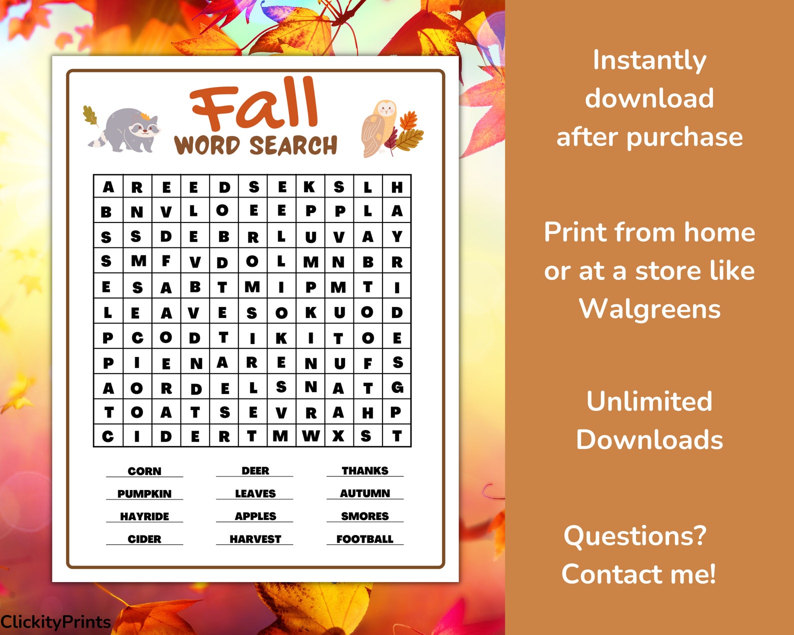 Fall Word Search-autumn Word Search-fall Family Activity-autumn Family ...
