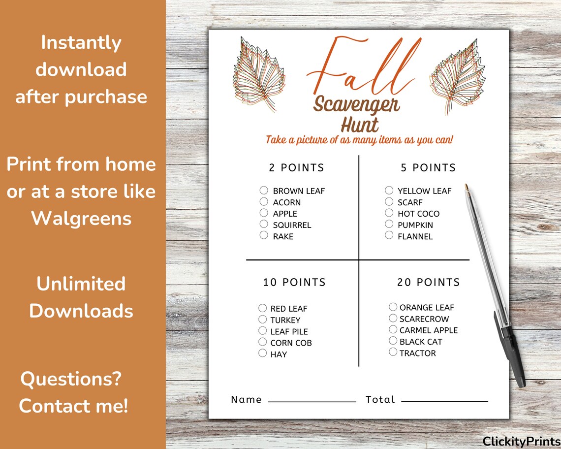 Fall Scavenger Hunt-autumn Scavenger Hunt-printable Scavenger Hunt-fall ...