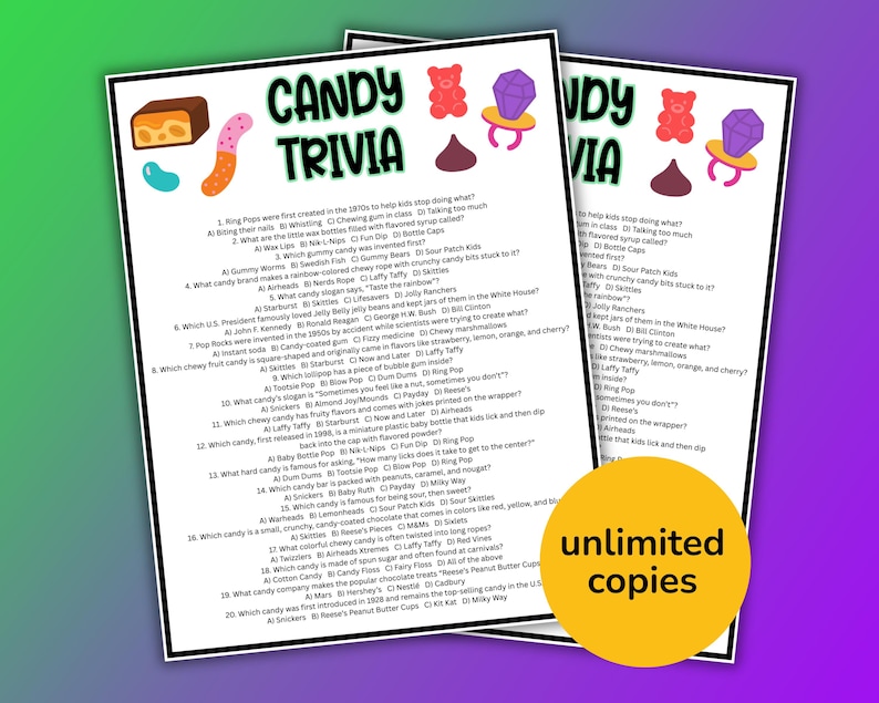 Candy Trivia Game Instant Download, Birthday Party Game for Kids ...