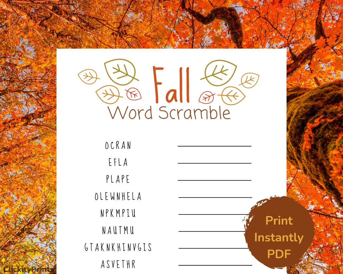 Fall Word Scramble-autumn Word Scramble-festive Word Scramble-family ...