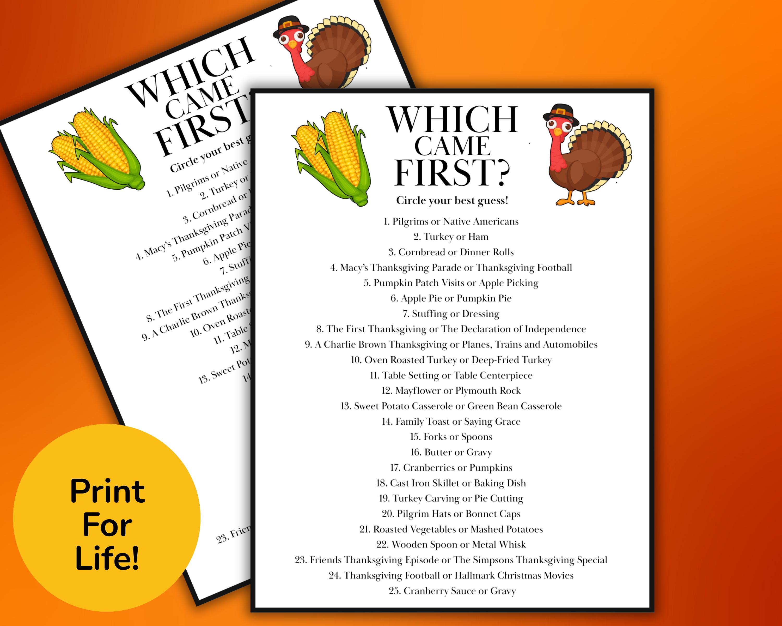 Thanksgiving Which Came First Game for Kids & Adults Instant Download ...