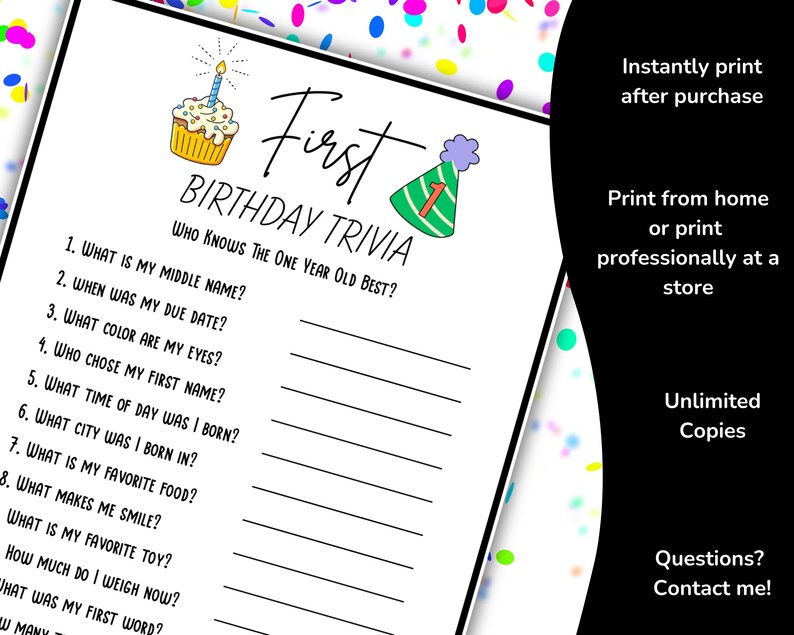 First Birthday Trivia Game Instant Download, Printable 1st Birthday ...