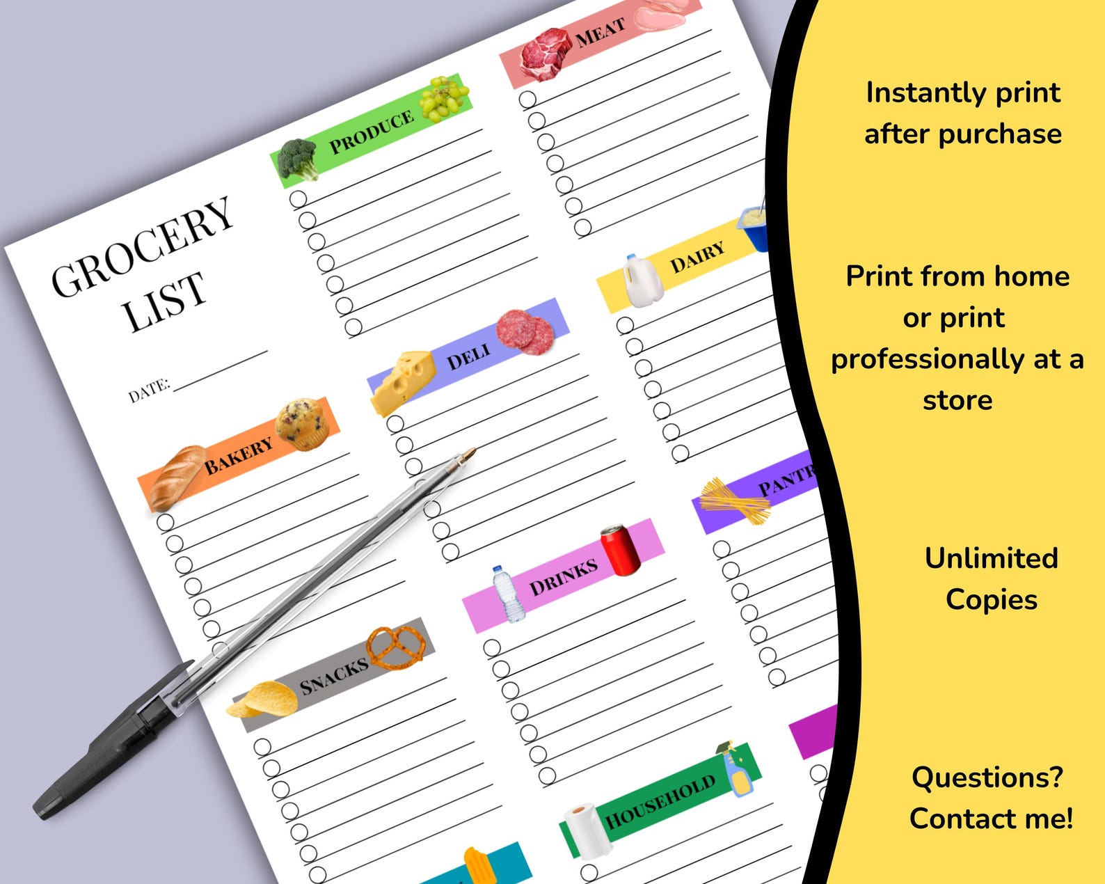 Grocery List Printable Template, Grocery Planner, Food Shopping List ...