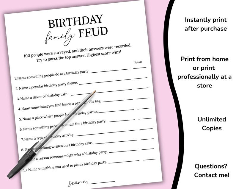 Birthday Feud Game, Printable Birthday Activity, Birthday Party Game ...