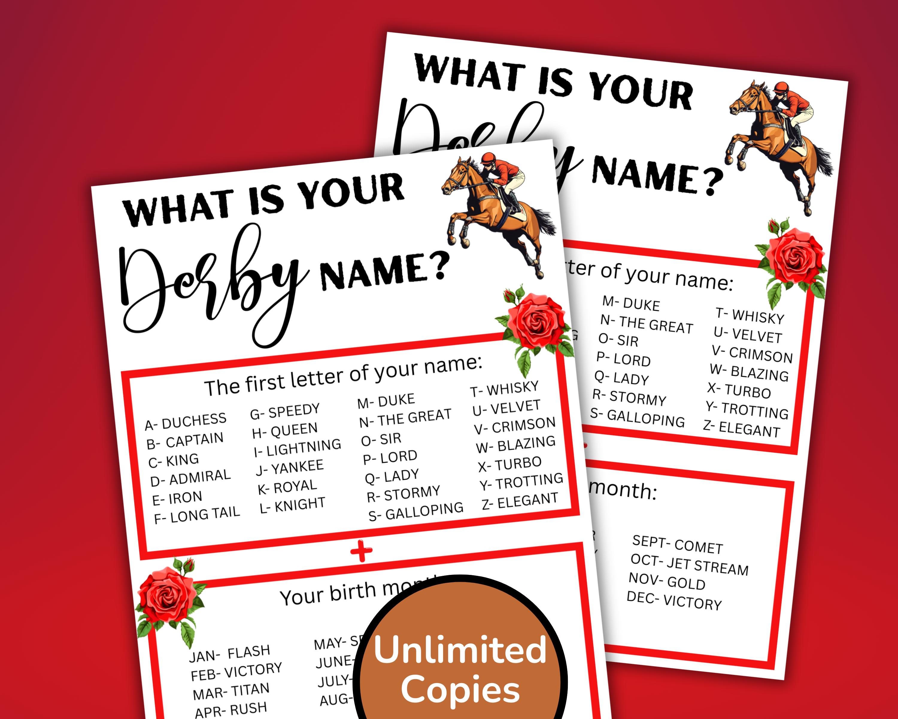 Kentucky Horse Derby Activity What's Your Derby Name? What is Your Race ...