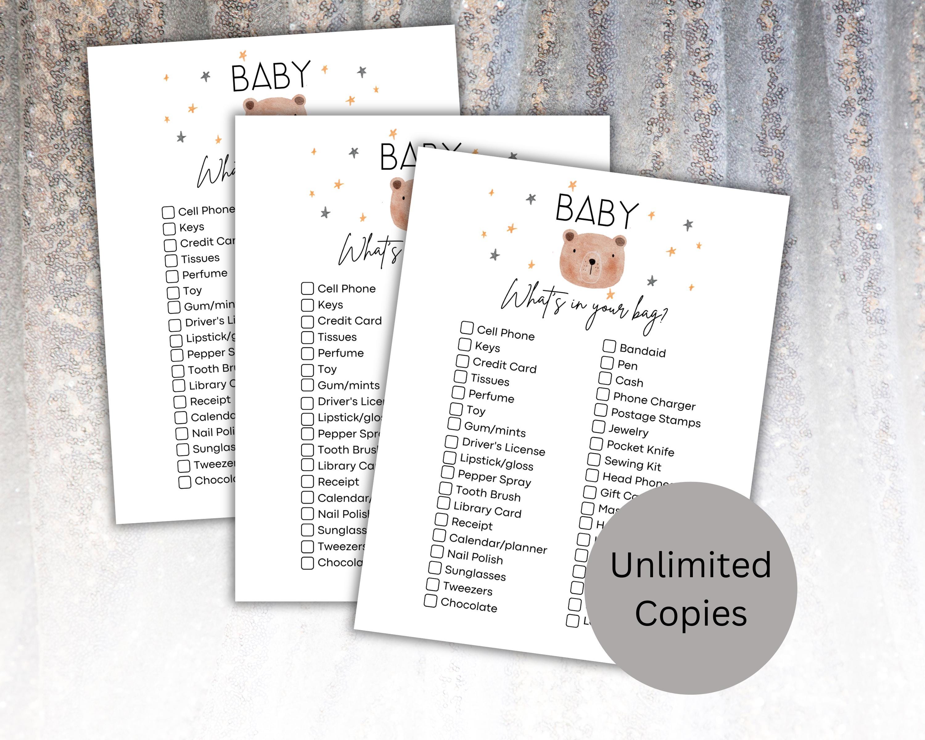 Teddy Bear Baby Shower Printable What's in Your Bag Purse Game, Bear ...