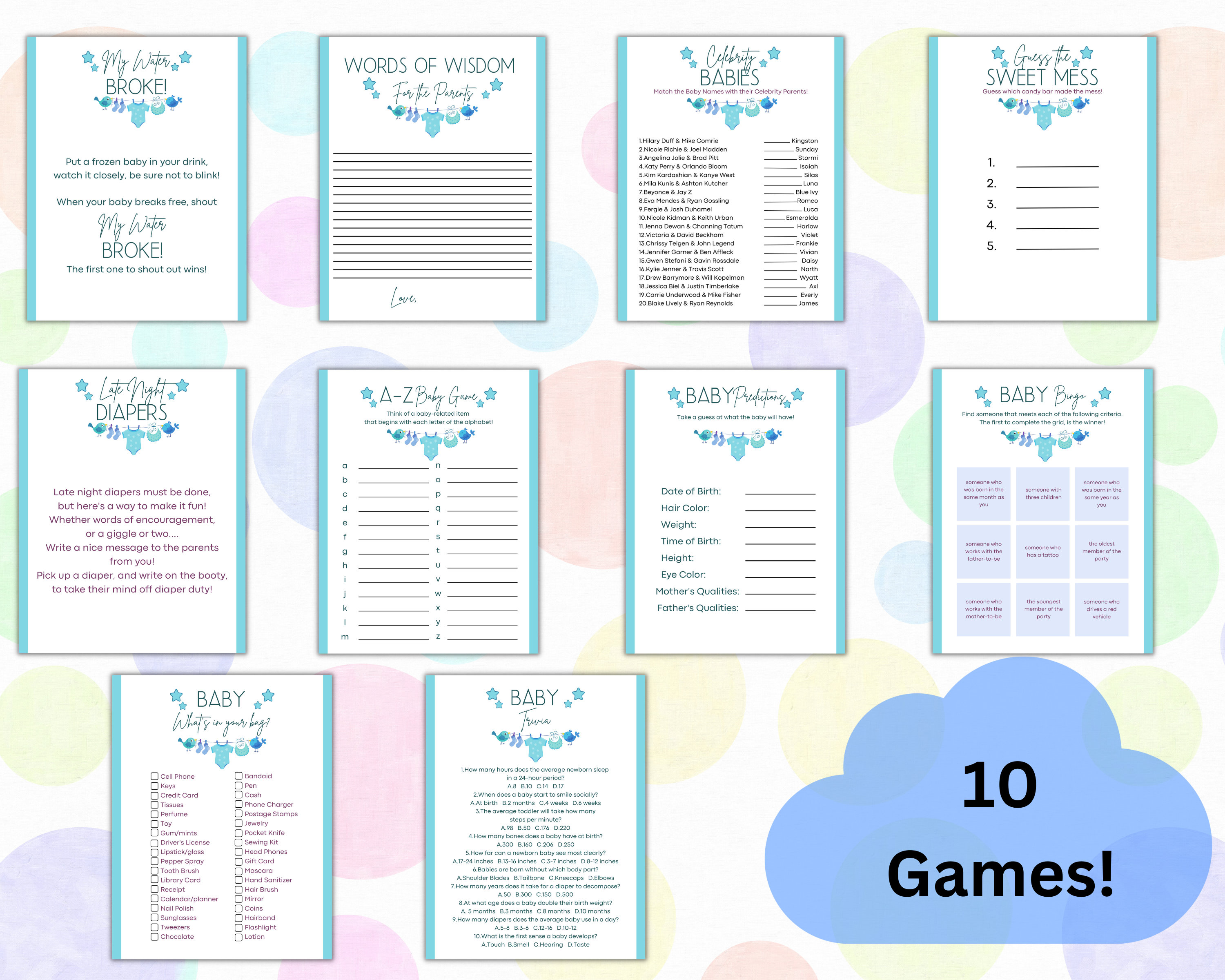Boy Baby Shower Printable Game Bundle, Blue Baby Shower Games, Baby ...