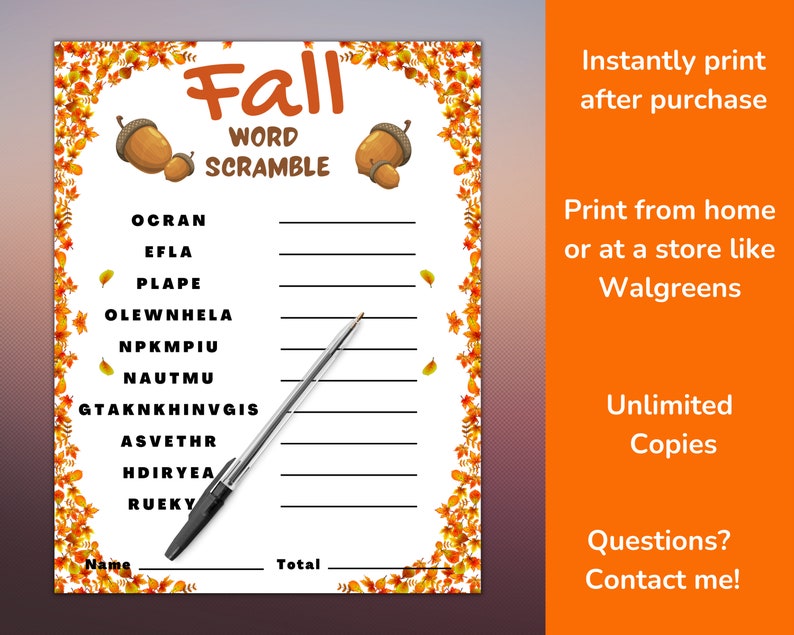 Autumn Word Scramble Game | Fall Word Scramble Game | Printable Fall ...