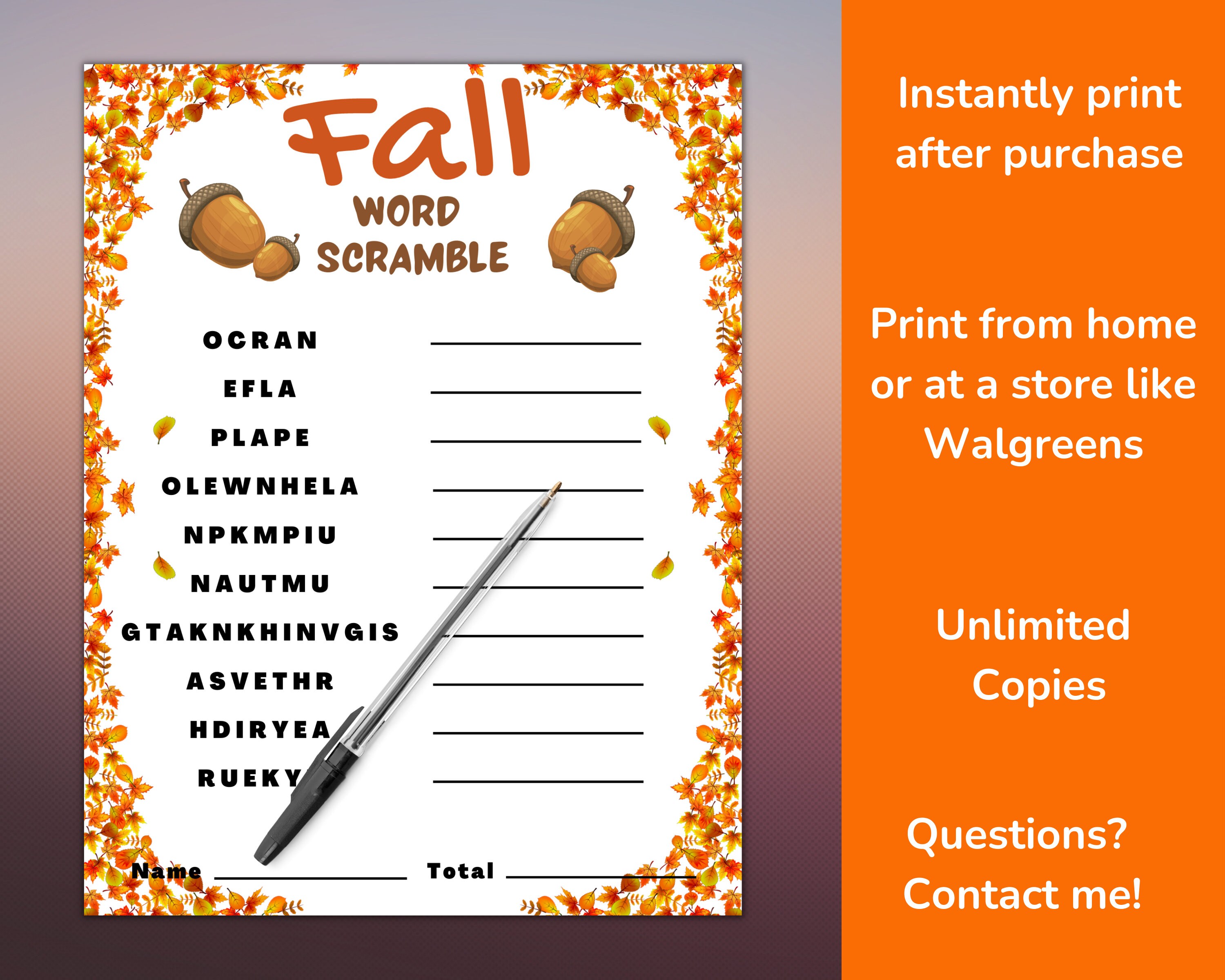 Autumn Word Scramble Game | Fall Word Scramble Game | Printable Fall ...