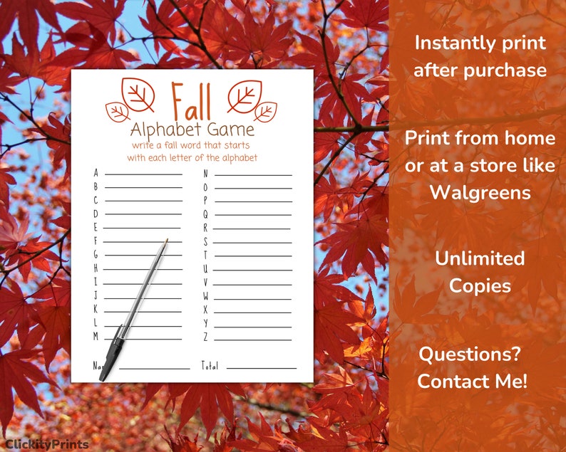 Fall Alphabet Game for School, Fall Family Activity, Fall A-Z Game ...