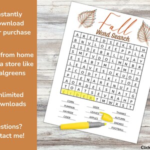 Fall Word Search-autumn Word Search-fall Family Activity-autumn Family ...