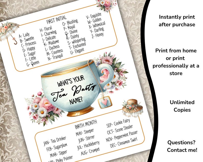 What's Your Tea Party Name, Printable Tea Time Activity, Tea Party Name ...