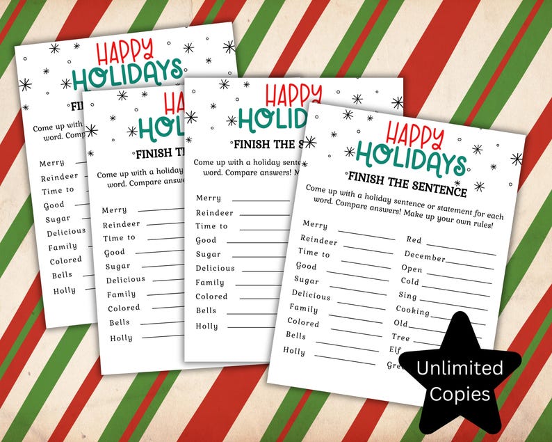 Finish the Sentence Holiday Activity for School or Work, Printable ...