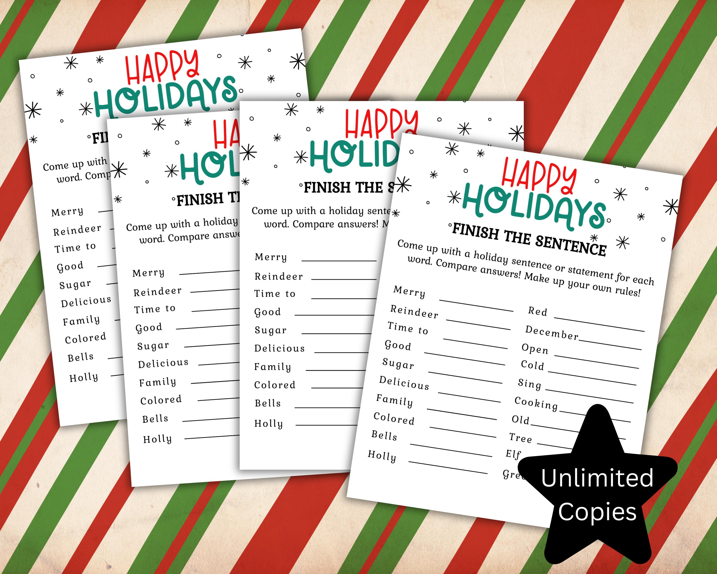 Finish the Sentence Holiday Activity for School or Work, Printable ...