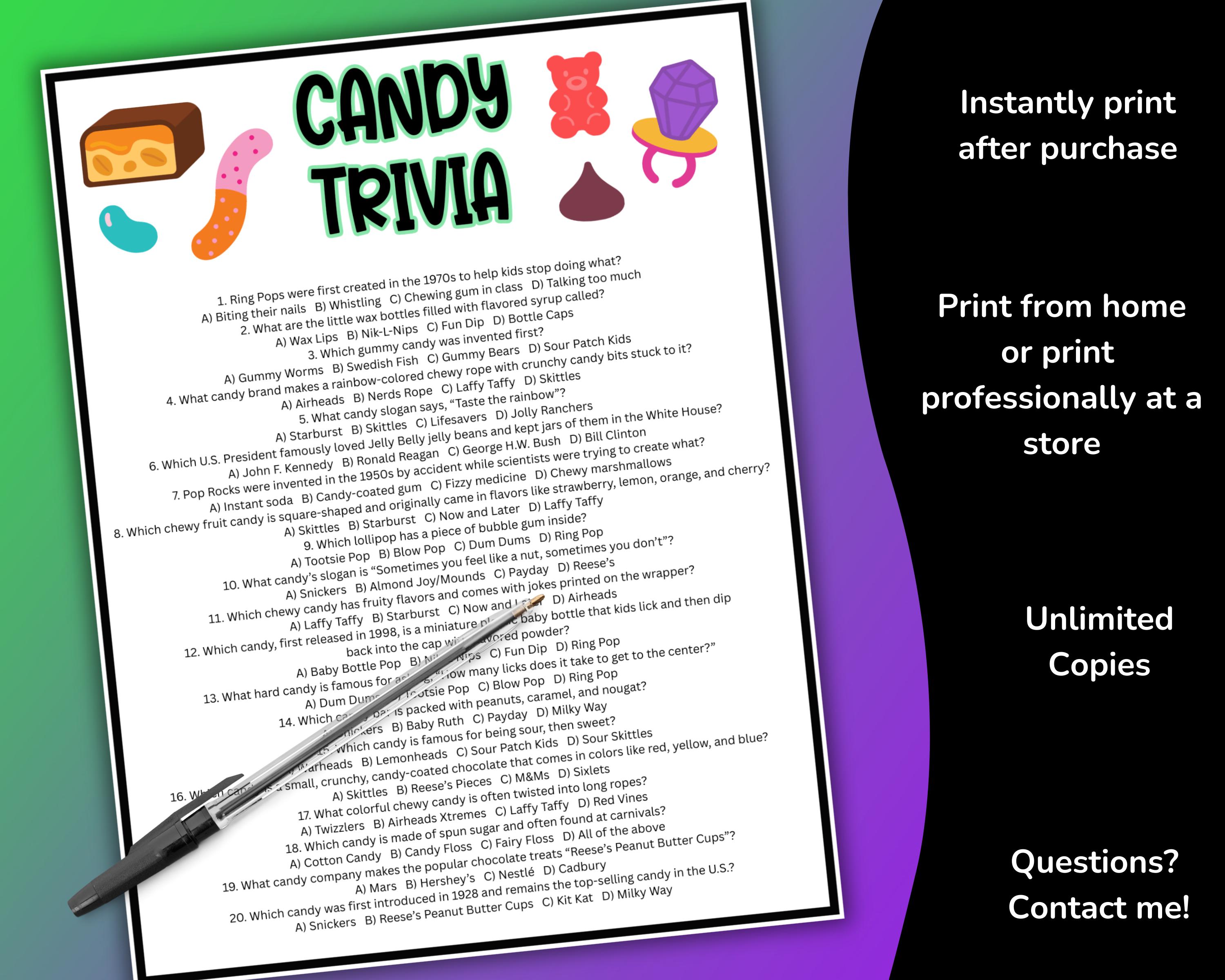 Candy Trivia Game Instant Download, Birthday Party Game for Kids ...