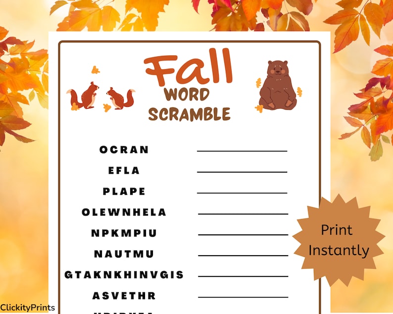 Fall Word Scramble-autumn Word Scramble-festive Word Scramble-fall ...