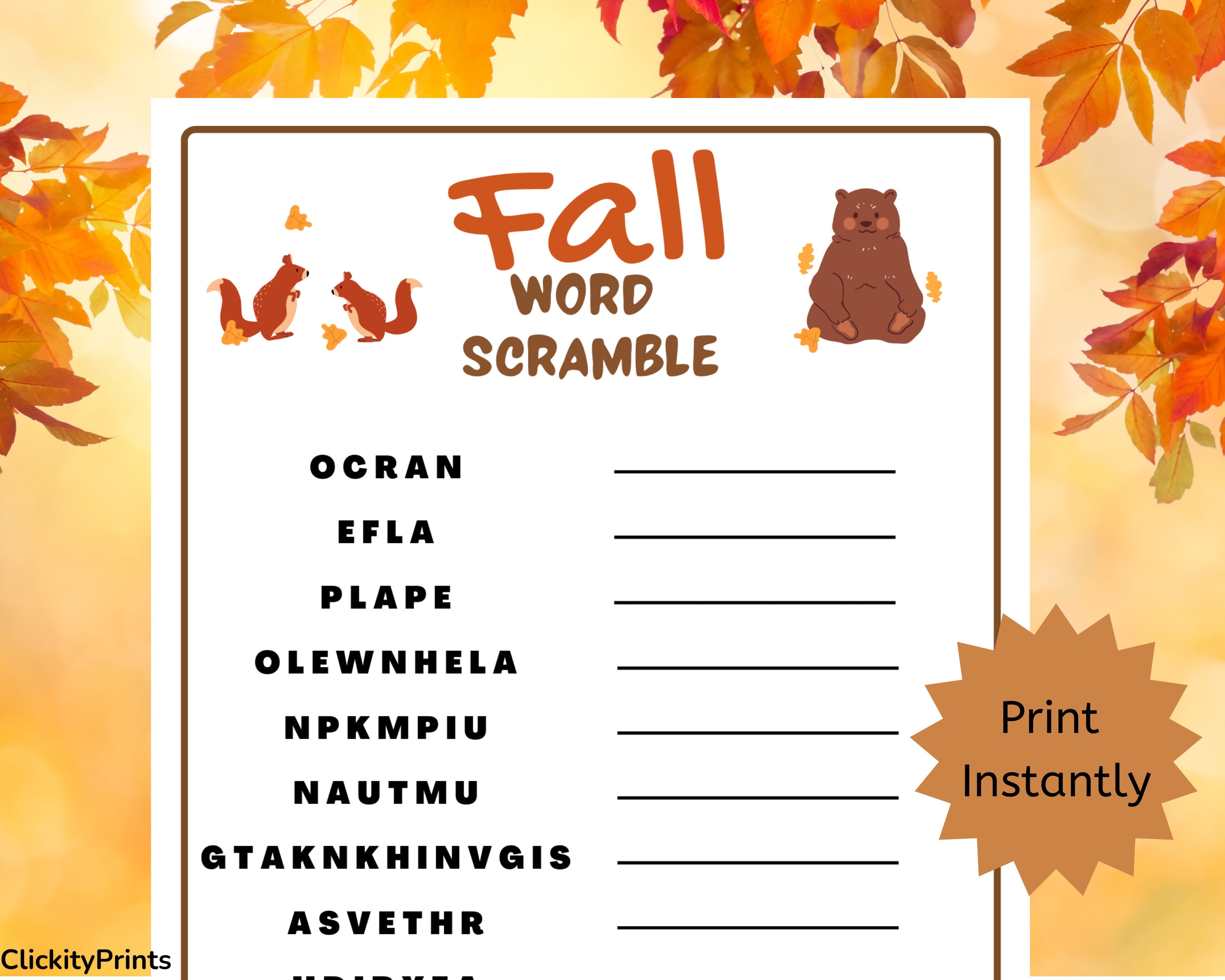 Fall Word Scramble-autumn Word Scramble-festive Word Scramble-fall ...