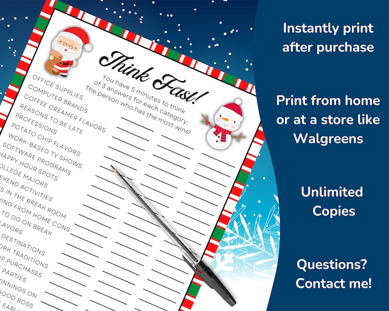 Christmas Holiday Office Party Think Fast Printable Game Download, Work ...