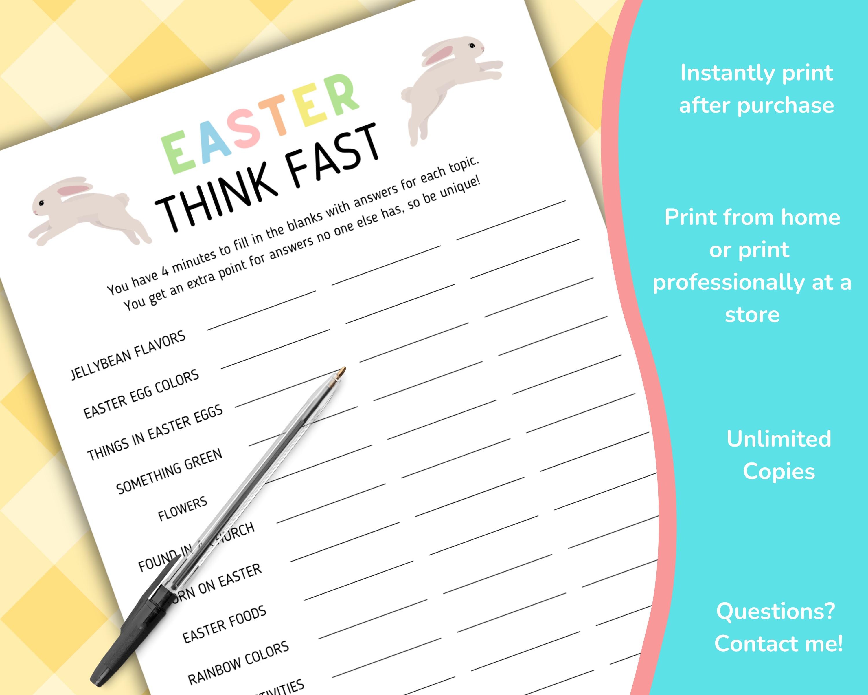 Easter Think Fast Game Printable Activity for Kids and Adults, Easter ...