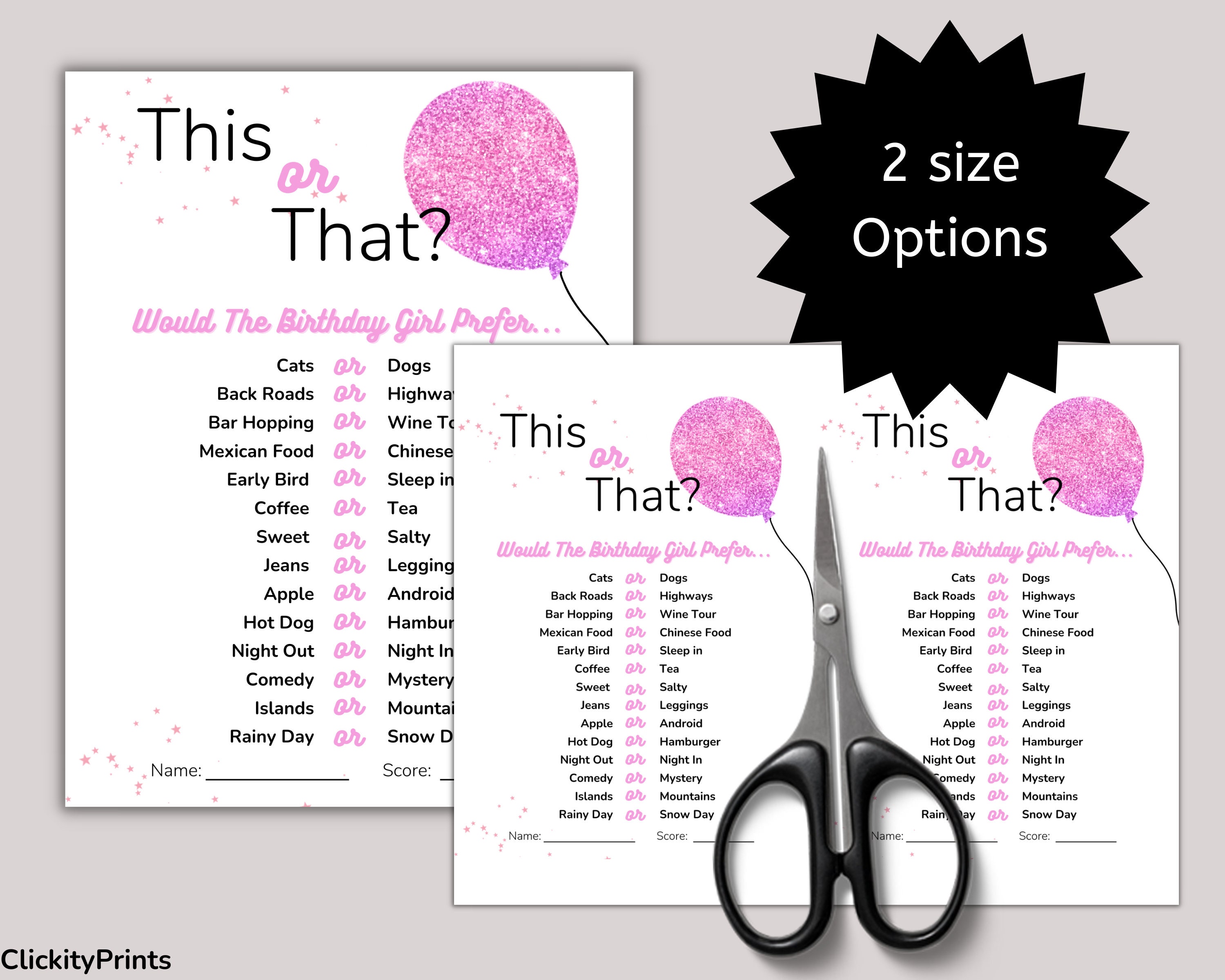 Birthday Party This or That Game, Pink Glitter Girly Party Game, Would ...