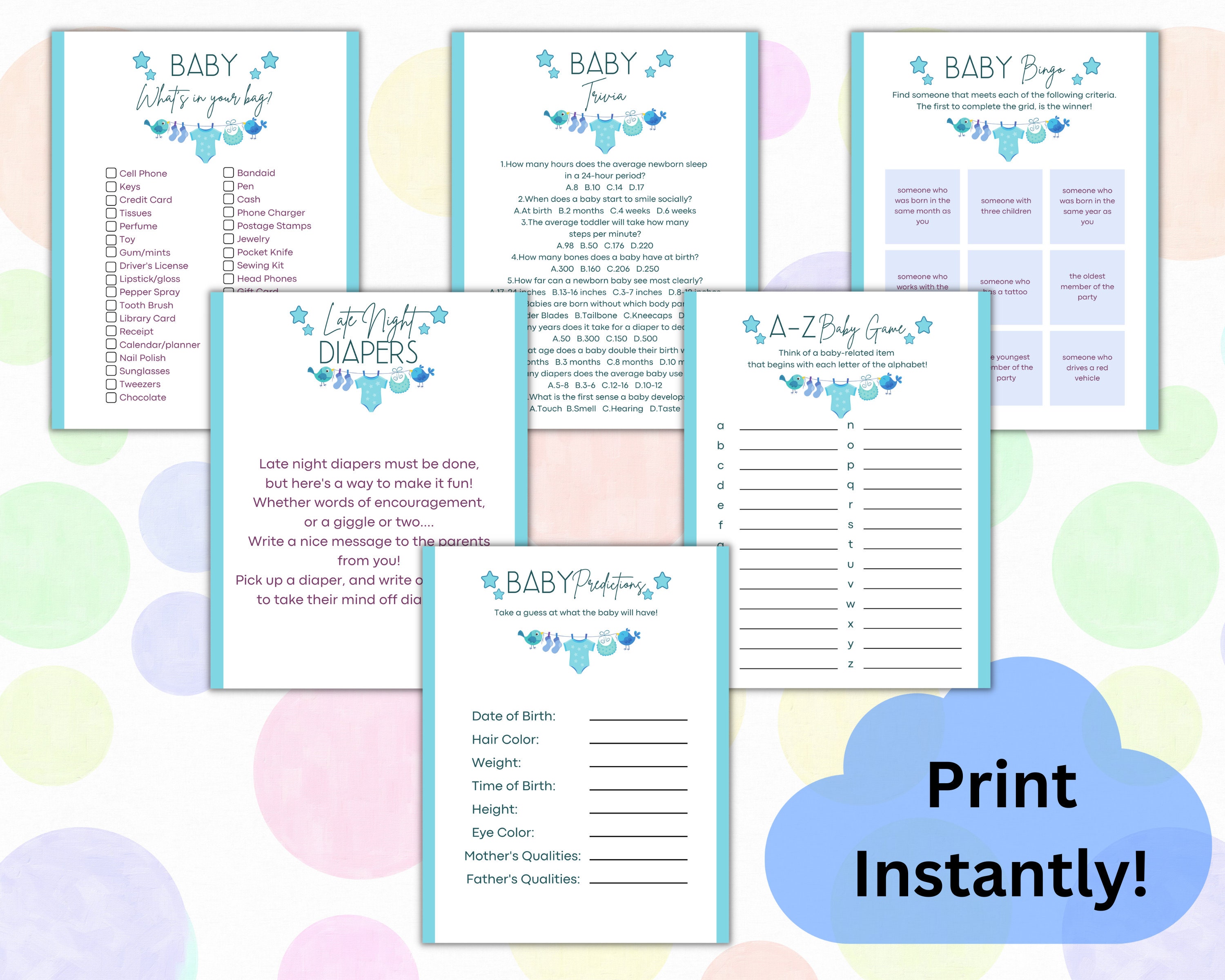 Boy Baby Shower Printable Game Bundle, Blue Baby Shower Games, Baby ...