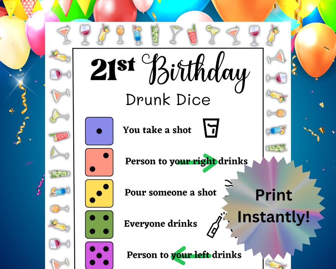 Printable 21st Birthday Drunk Dice Game, 21st Drinking Games, Birthday ...
