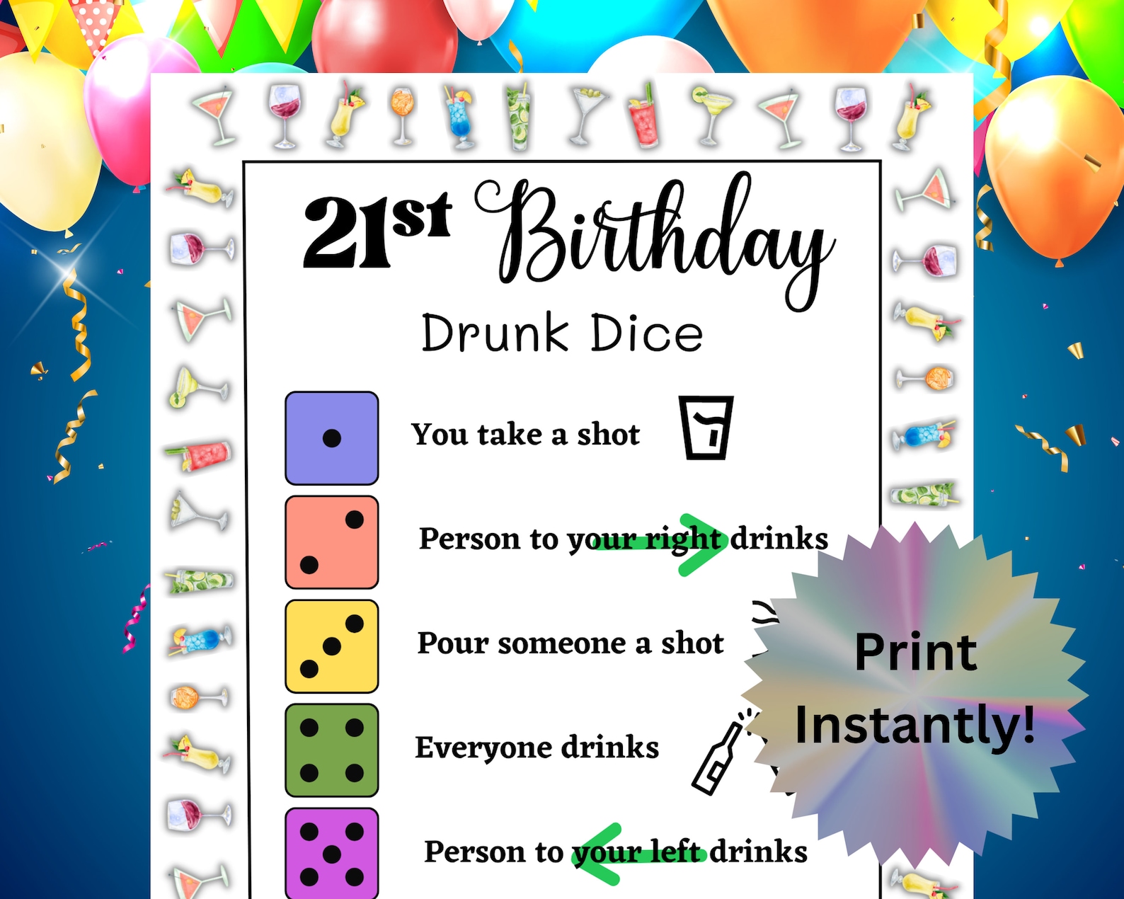 Printable 21st Birthday Drunk Dice Game, 21st Drinking Games, Birthday ...