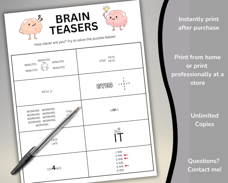 Brain Teaser Printable Game, Brain Puzzle, Mental Challenge Game, Logic ...