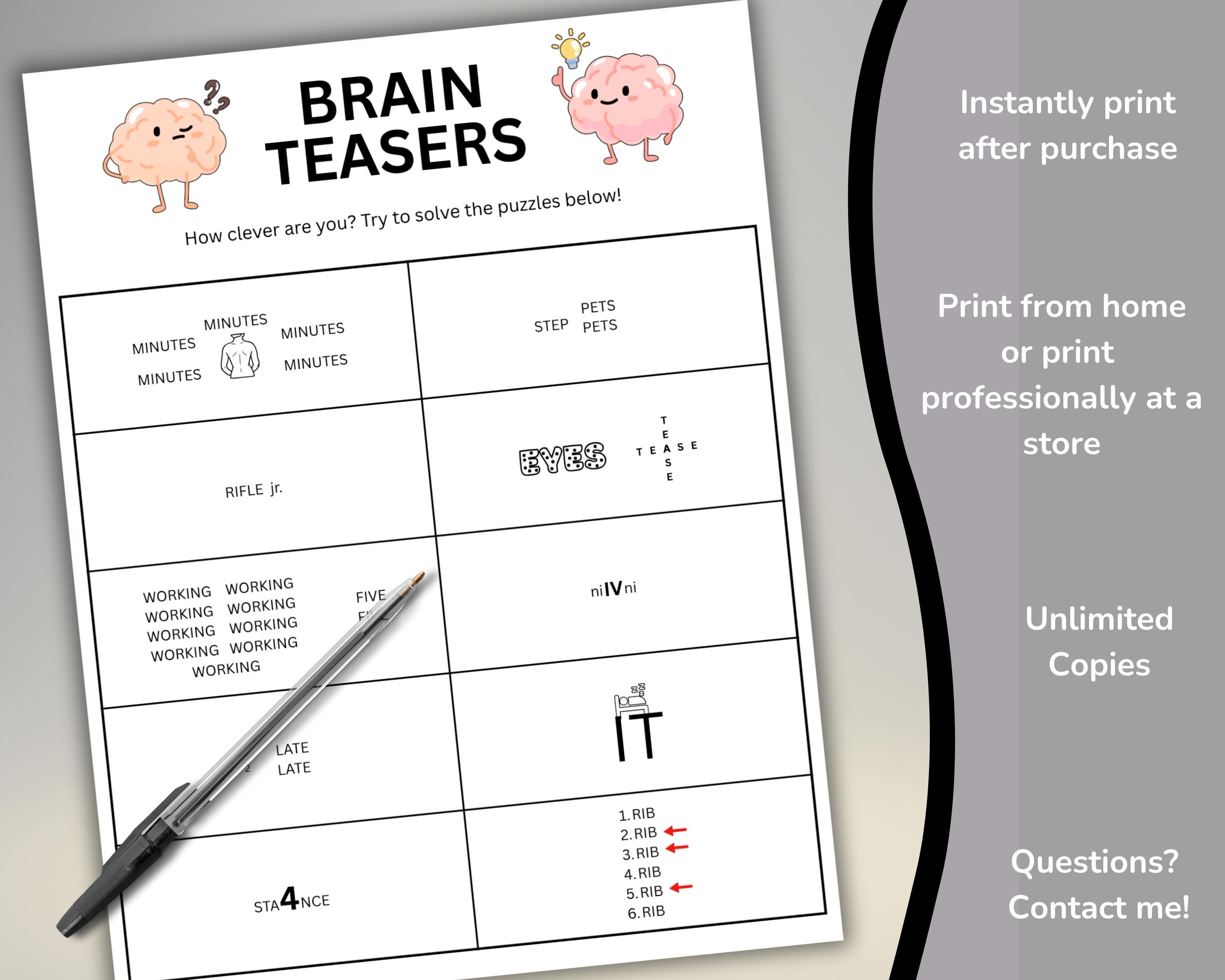 Brain Teaser Printable Game, Brain Puzzle, Mental Challenge Game, Logic ...