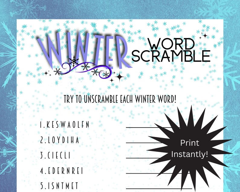 Printable Winter Word Scramble, Winter Game for Kids and Adults, School ...