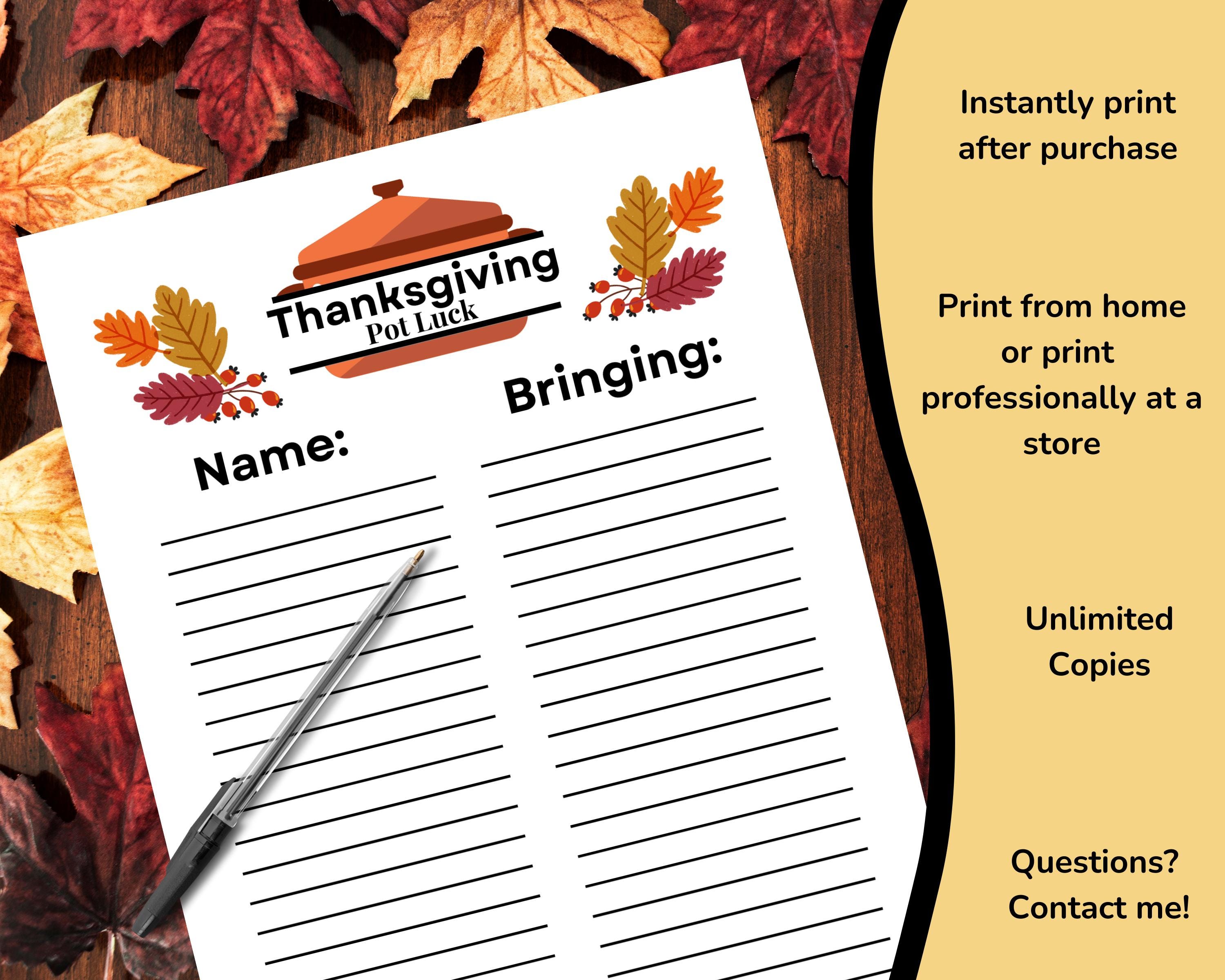 Thanksgiving Pot Luck Sign up Sheet for Dinner Party Work or School ...