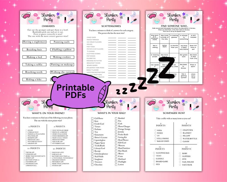 Printable Slumber Party Sleepover Games for Girls Teens, Tween Sleep ...