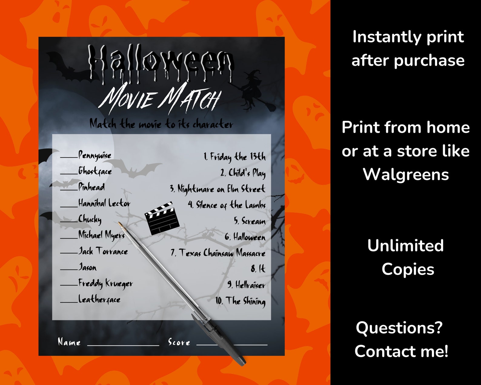 Halloween Movie Match, Movie Trivia, Halloween Movie Quiz, Printable ...