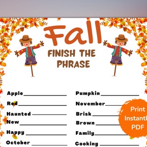 Fall Finish the Phrase Game, Printable or Virtual Game for Adults Kids ...