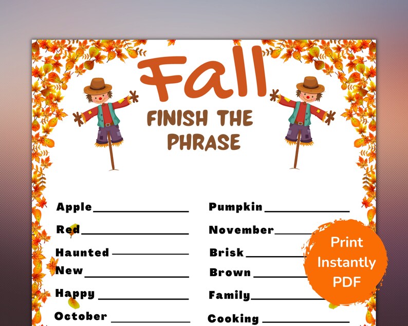 Fall Finish the Phrase Game, Printable or Virtual Game for Adults Kids ...