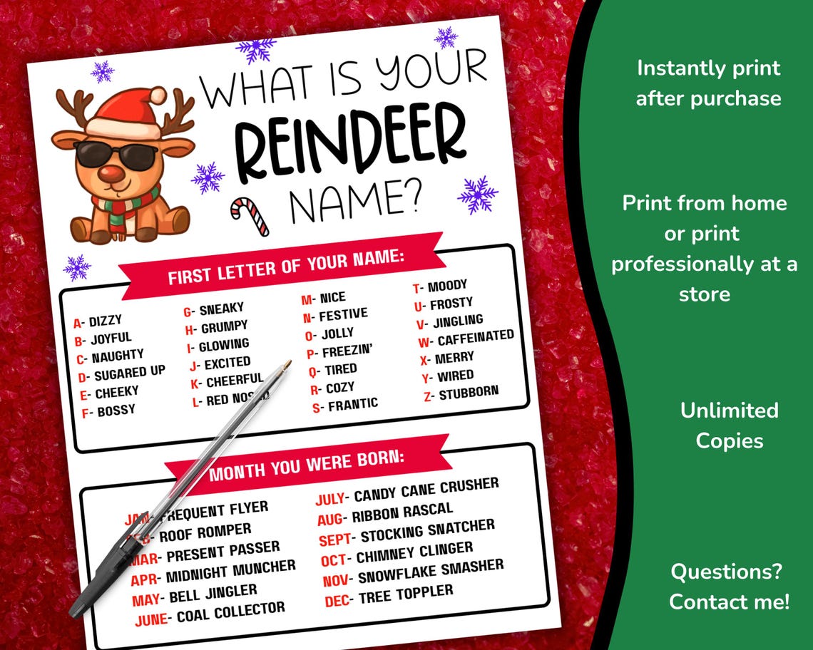 What's Your Reindeer Name Game for Kids & Adults Instant Download ...