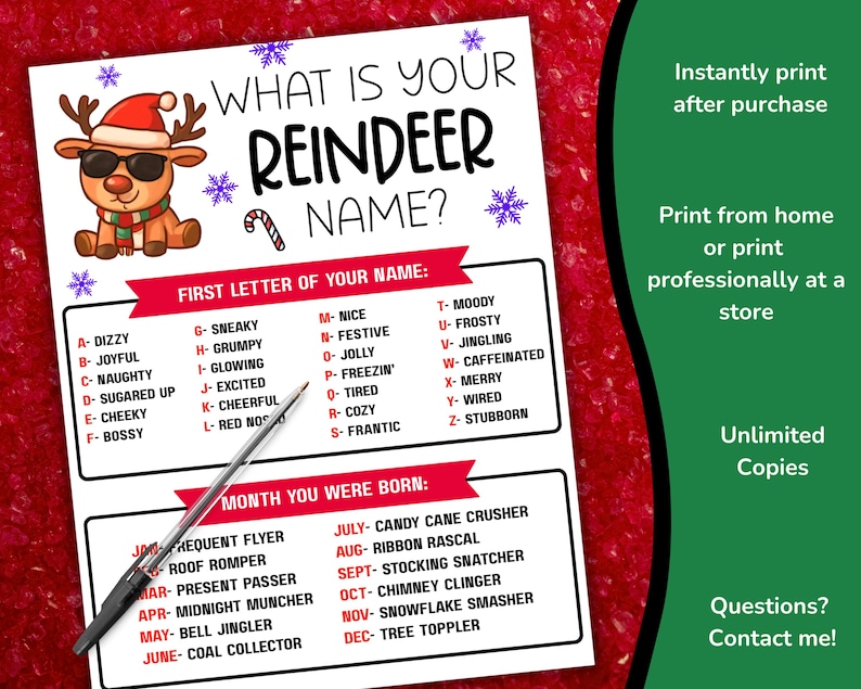 What's Your Reindeer Name Game for Kids & Adults Instant Download ...