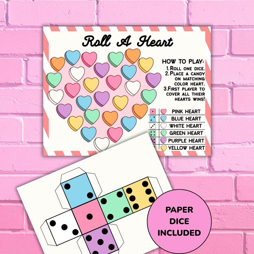 Roll A Heart Valentine Game for Kids Instant Download, Printable Candy ...