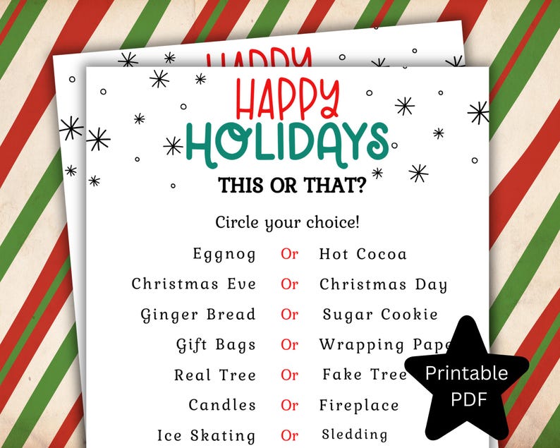 This or That Holiday Activity for School or Work, Printable Christmas ...