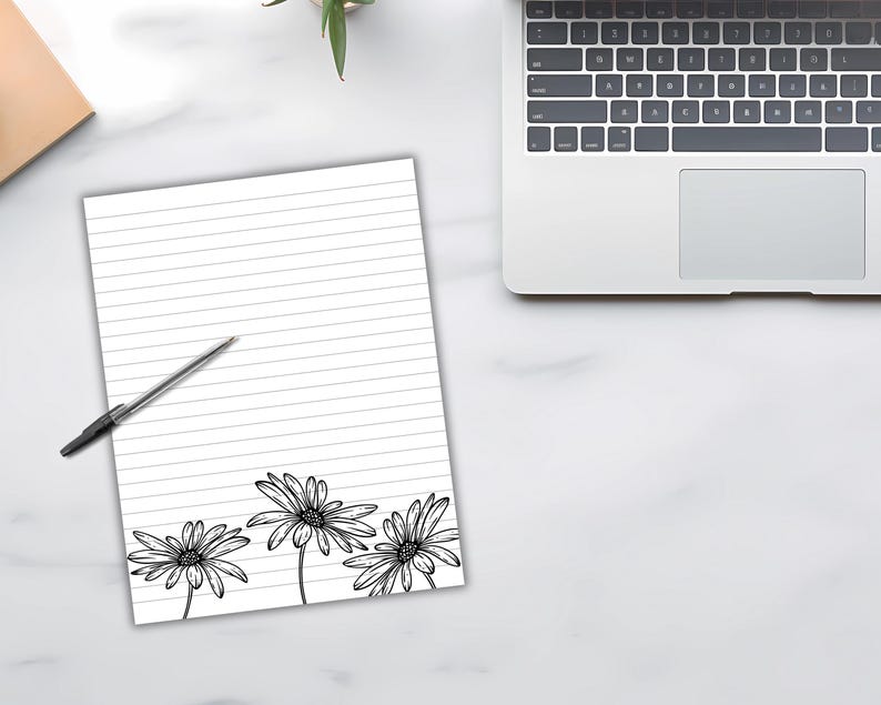 Printable Black & White Lined Floral Paper, Digital Download Stationary ...