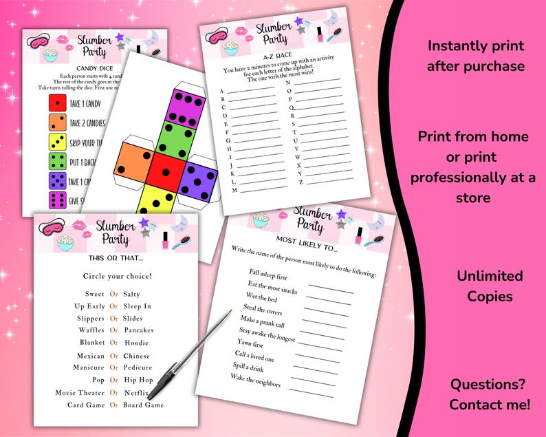 Printable Slumber Party Sleepover Games for Girls Teens, Tween Sleep ...
