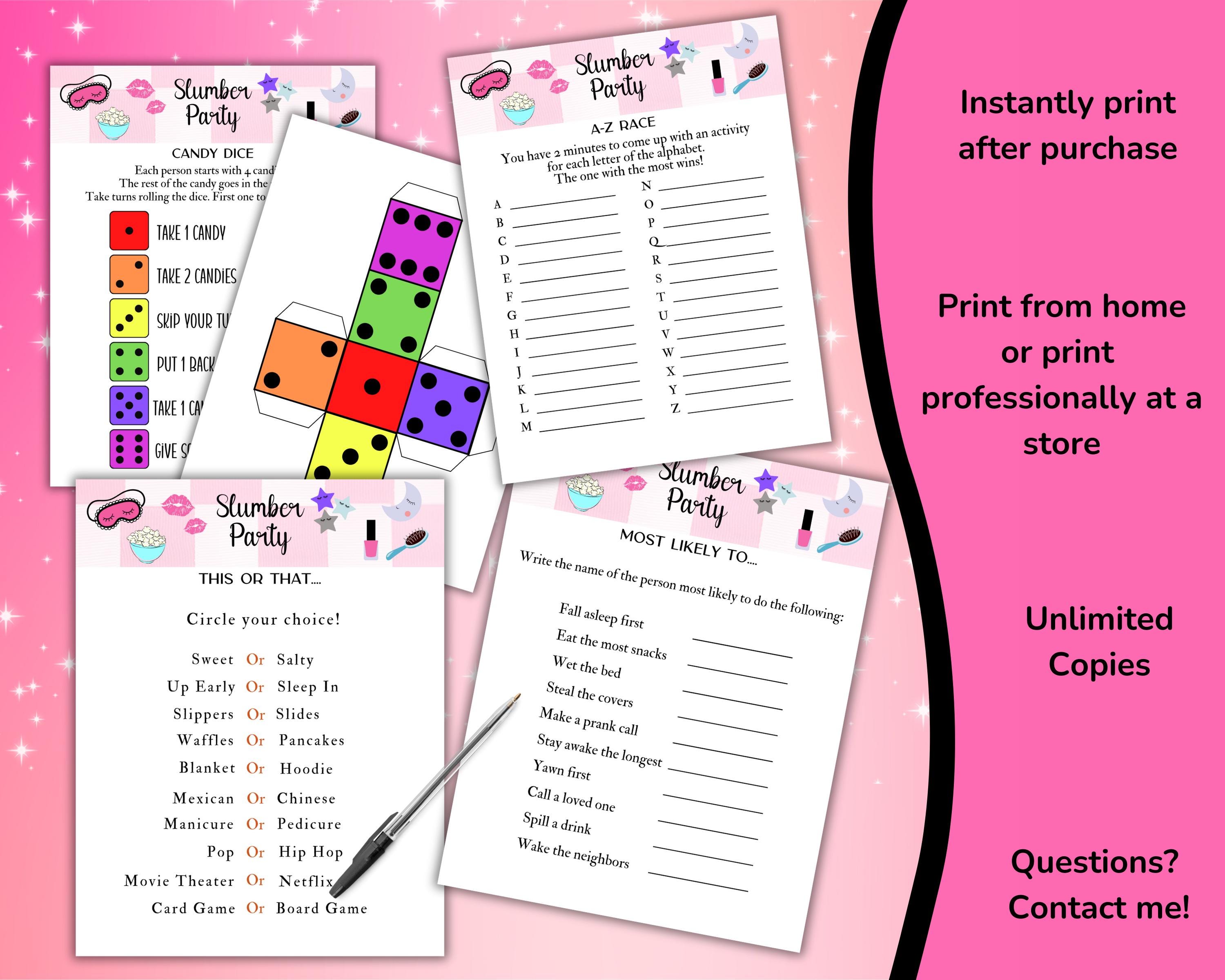 Printable Slumber Party Sleepover Games for Girls Teens, Tween Sleep ...