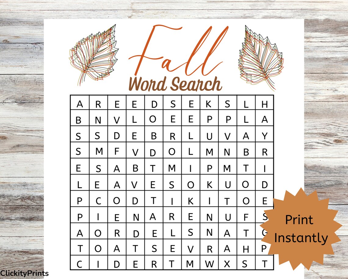 Fall Word Search-autumn Word Search-fall Family Activity-autumn Family ...