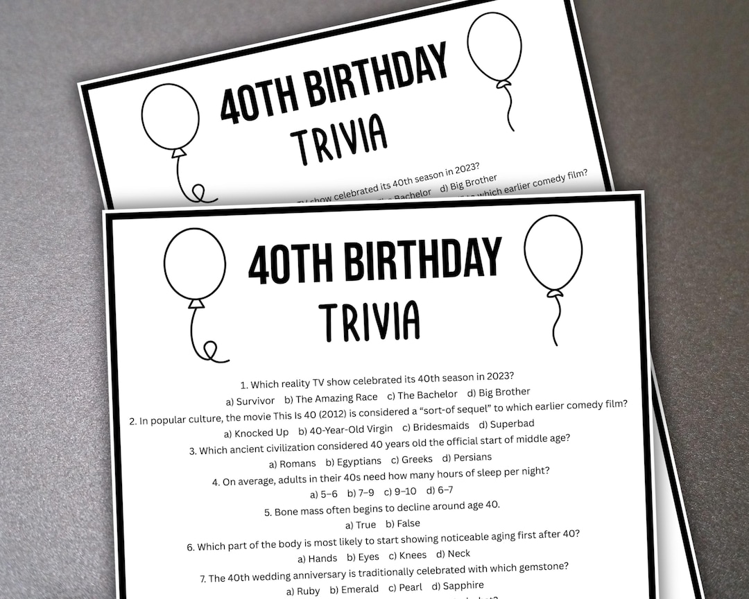 40th Birthday Trivia Game Instant Download, Printable 40th Birthday ...