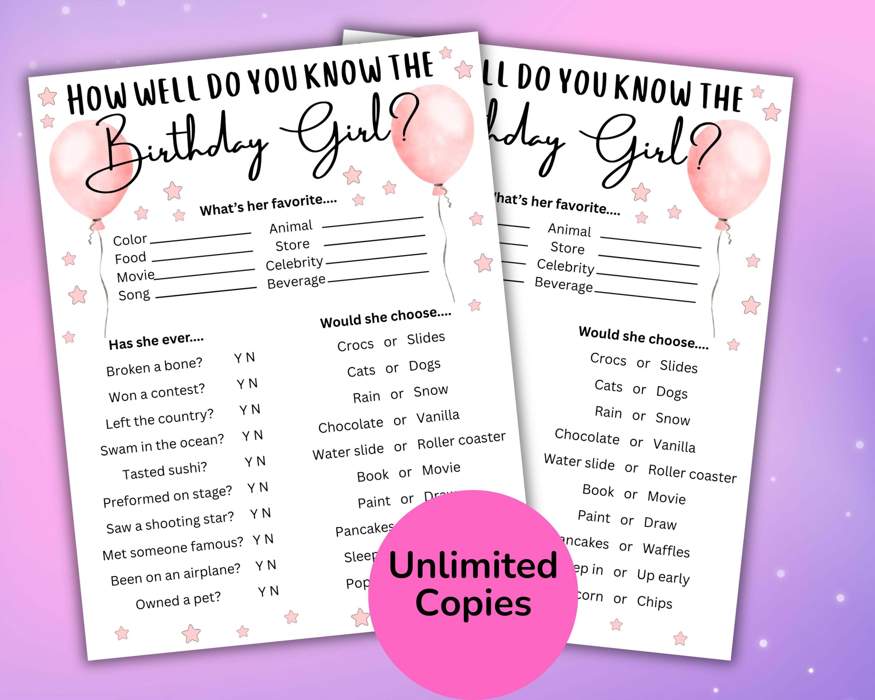 How Well Do You Know the Birthday Girl Printable Game, Pink Birthday ...