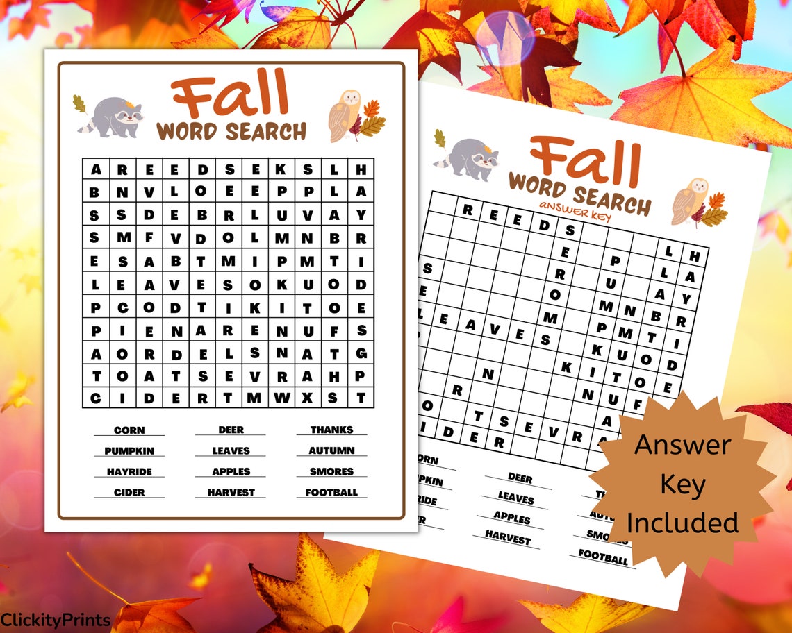 Fall Word Search-autumn Word Search-fall Family Activity-autumn Family ...