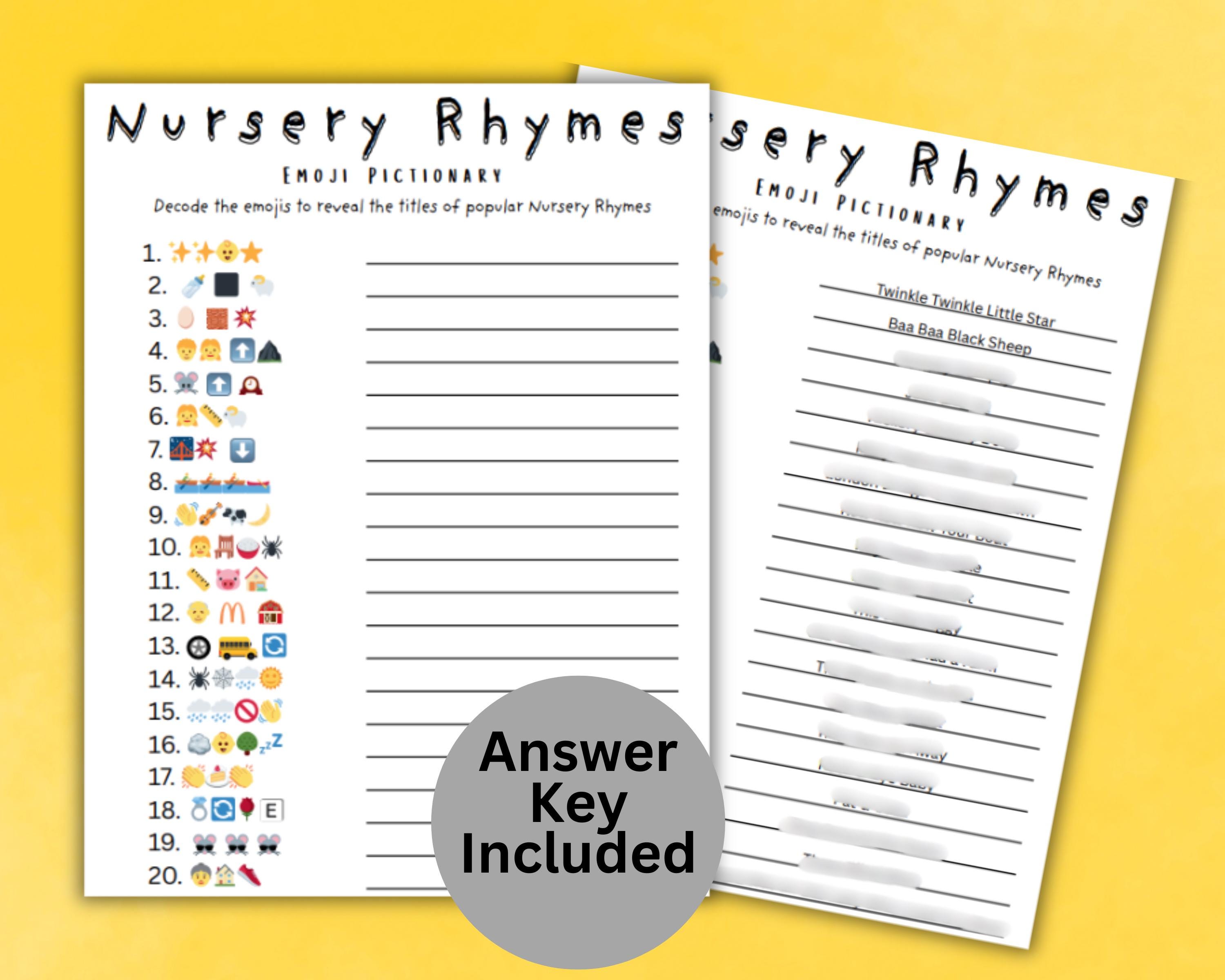 Nursery Rhymes Emoji Pictionary, Printable Nursery Rhymes Quiz for Baby ...